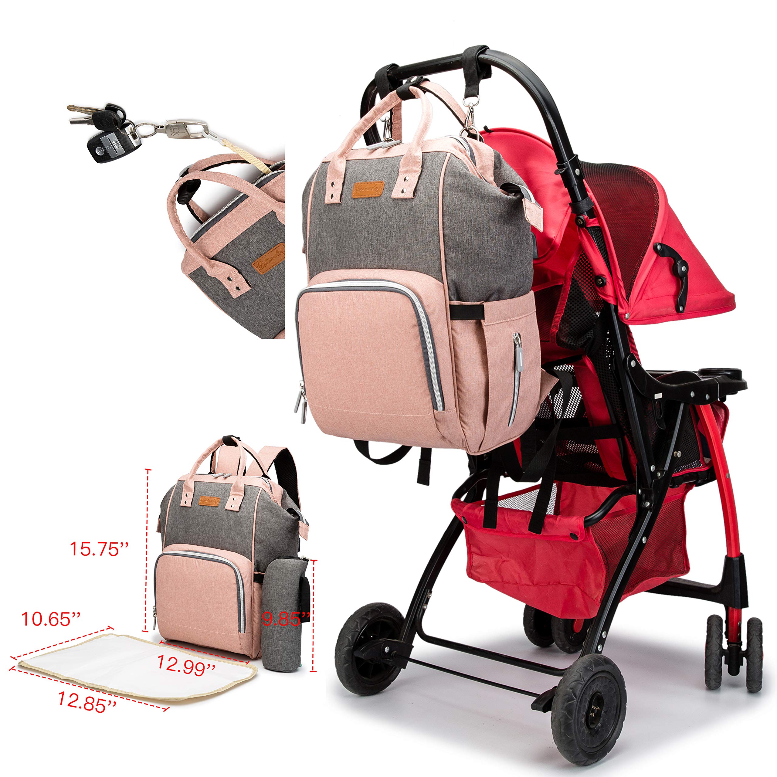 Diaper Bag Backpack for Baby with Insulated Pockets Stroller Straps Changing Pad and USB Charging Port, Large Capacity, Waterproof, Pink&Gray