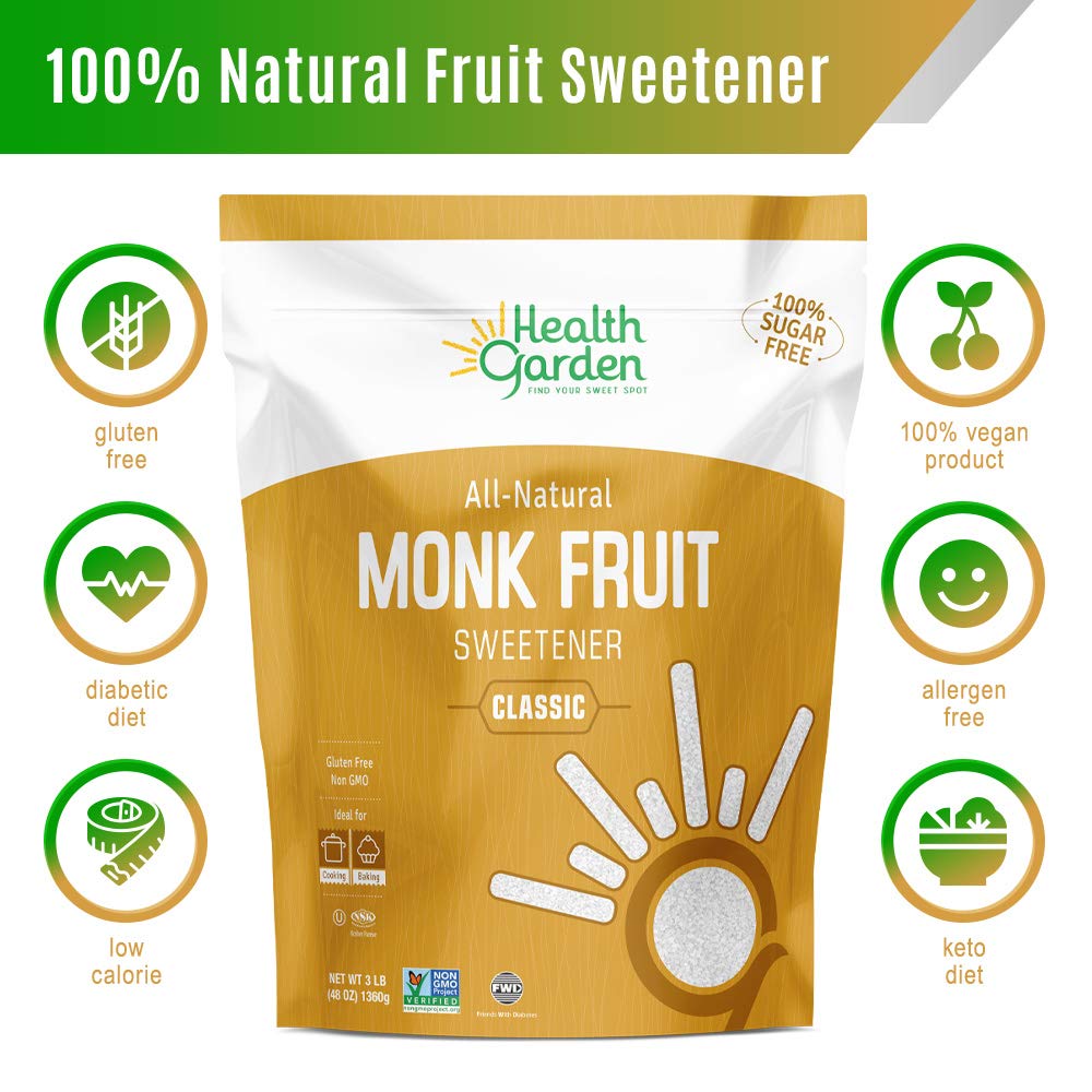 Health Garden Monk Fruit Sweetener, Classic - Non GMO - Gluten Free - Sugar Substitute - Kosher - Keto Friendly (3 lbs)