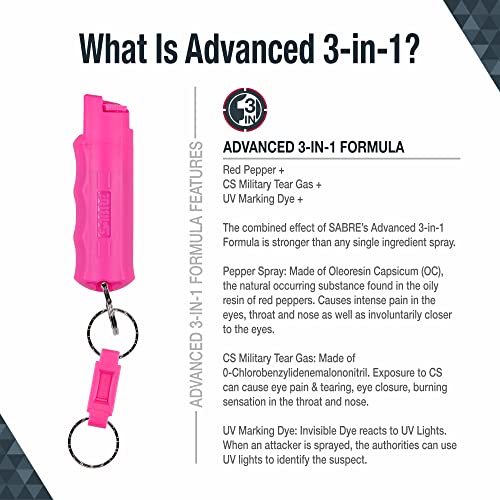 SABRE Advanced Pepper Spray Keychain with Quick Release – 3-in-1 Pepper Spray, CS Tear Gas & UV Dye – Maximum Strength Police OC Spray, Finger Grip for Better Aim – Optional Practice Spray