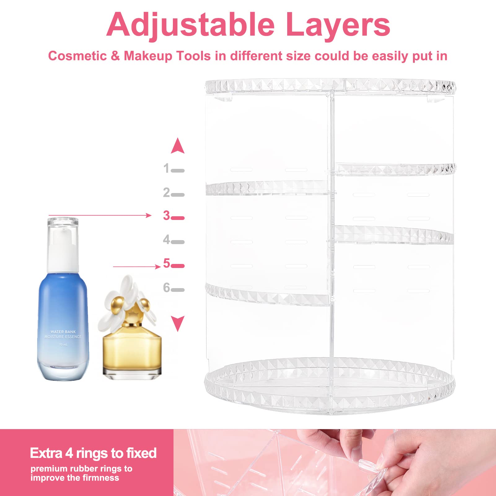 YIEZI 360 Degree Rotating Makeup Organizer,Large Capacity Make up Caddy Shelf,Acrylic Perfume Storage, Adjustable Skin Care Organisers for Dresser Tabletop and Bathroom, Clear (Diamond)