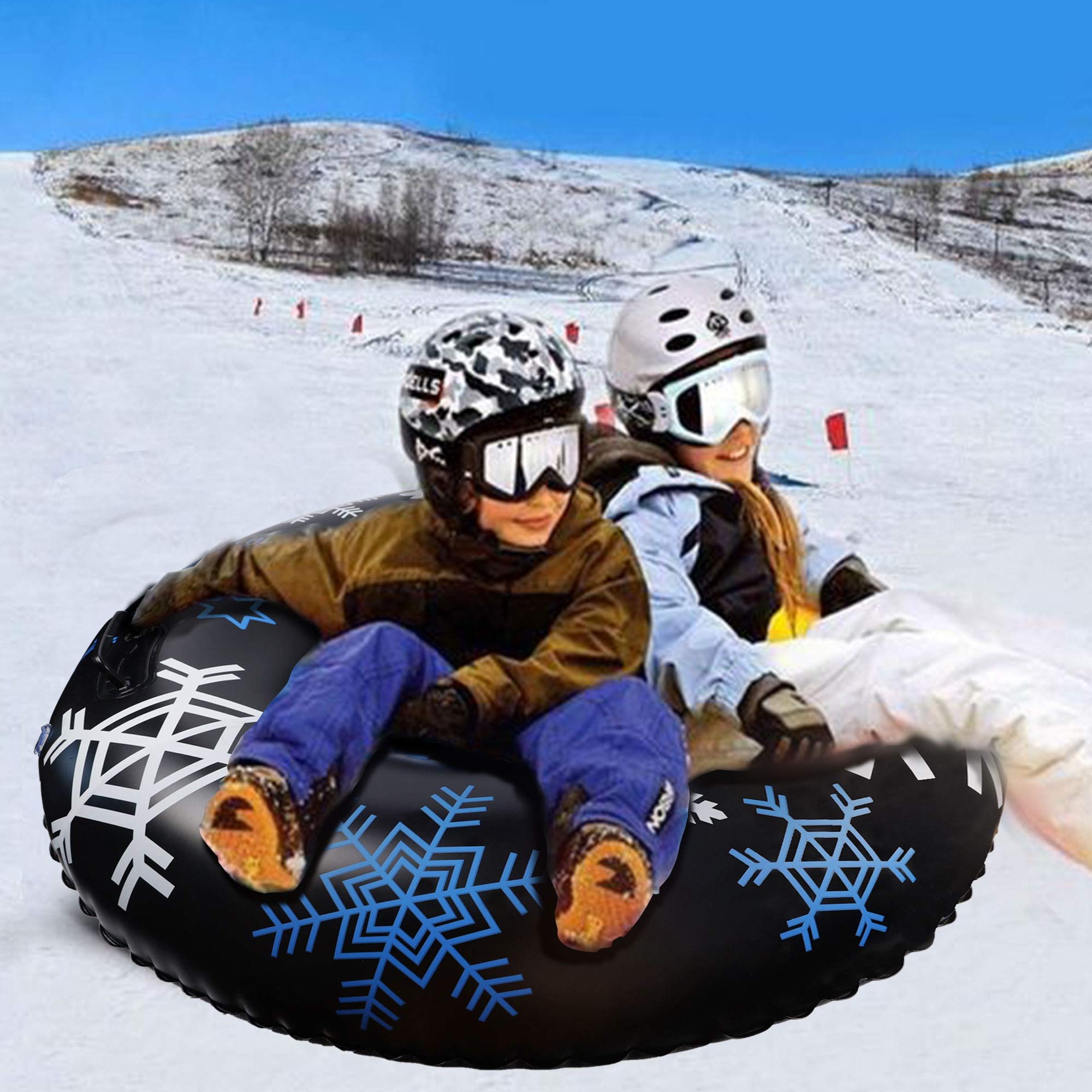 Cllayees 48 Inches Inflatable Snow Tube, PVC Snow Sled Thick Large Sledding Pipe, Heavy Duty Snow Tube with Handles for Adults