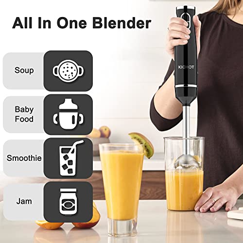 Kichot Emersion Hand Blender, 1000W 4 In 1 Electric Stick Blender for Kitchen with Food Chopper, Egg Whisk, Stainless Sticker, 600ml Mixing Beaker for Smoothies, Soups, Sauces, Baby Food ( Black)
