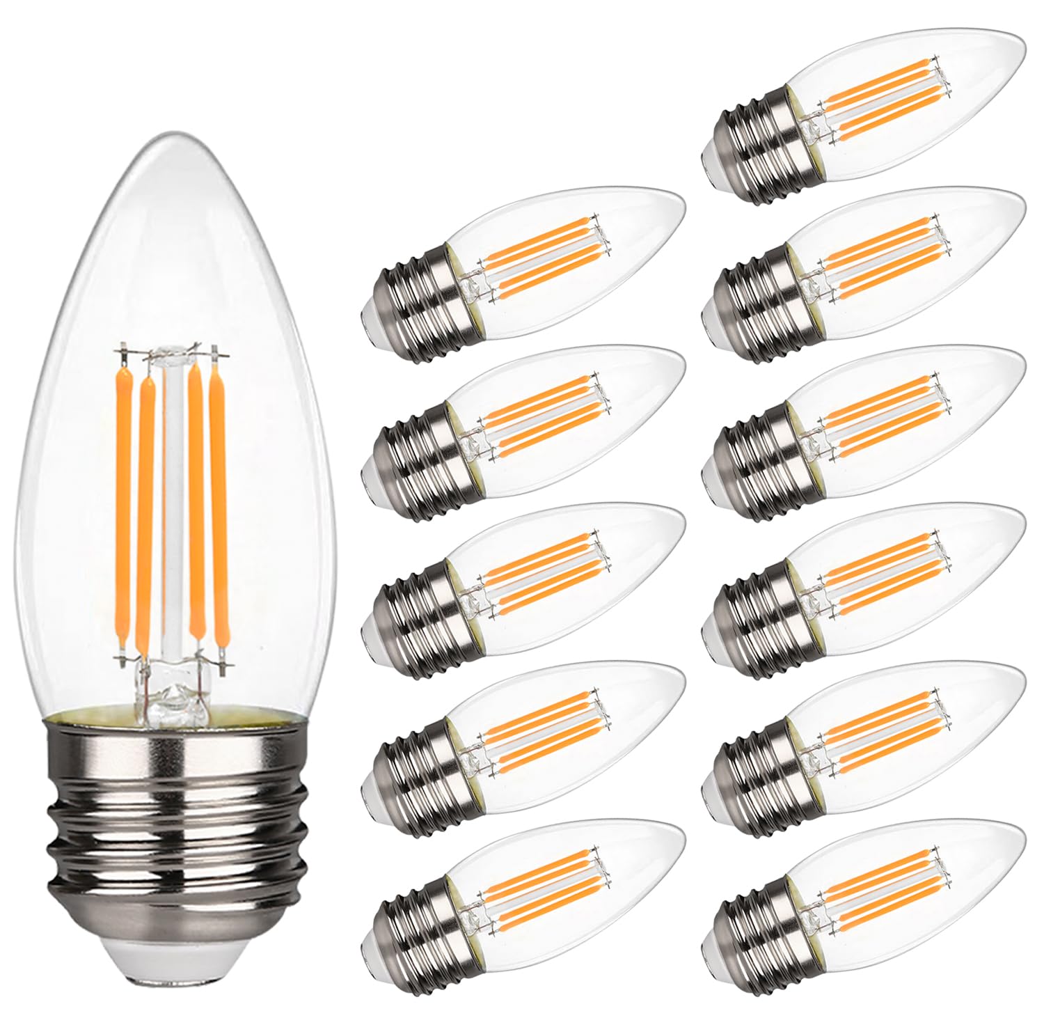 Kiraralite 12 Pack Dimmable LED Candelabra Bulbs, E26 4W B11 Vintage Chandelier Light Bulbs 40Watt Equivalent, 2700K Warm White, 450Lumens, LED Filament Candle Lamp for Ceiling Fan Home Decor