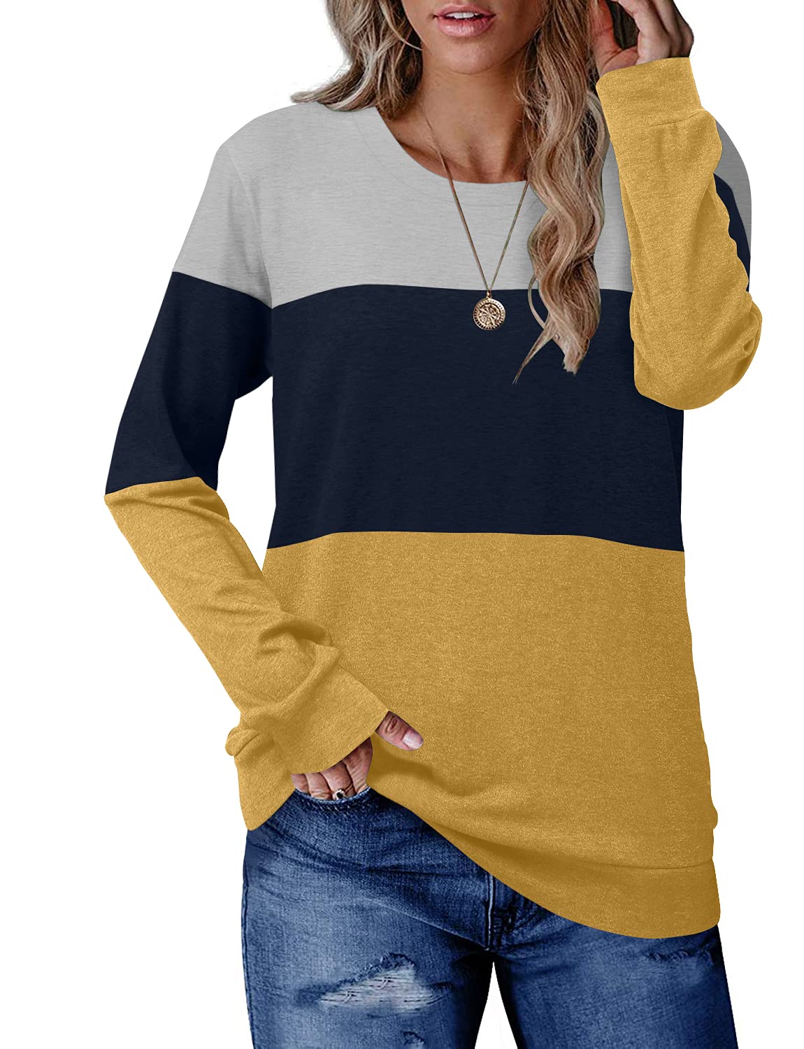 CRAZY GRID Ladies Long Sleeve Tops Pullover Color Block Casual Sweatshirts Comfy Lounge Blouse Blue Yellow Medium