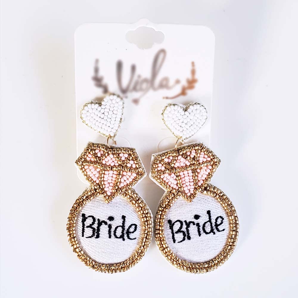 Diamond Ring Bride Earrings, Seed Bead Bride Earrings Bachelorette, Beaded Diamond Ring Bride Earrings, Wedding Accessories for Brides, Bride Bachelorette Accessories (Bride - White)