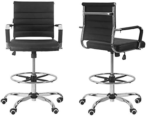 Drafting Chair Stool Office 400lbs Footrest Leather – Tall Arms Counter Adjustable Mid-Back Tilt-Tension Control Rocker Lumbar Support Swivel Rolling for Standing Desk 45"(Black, Ribbed Leather)