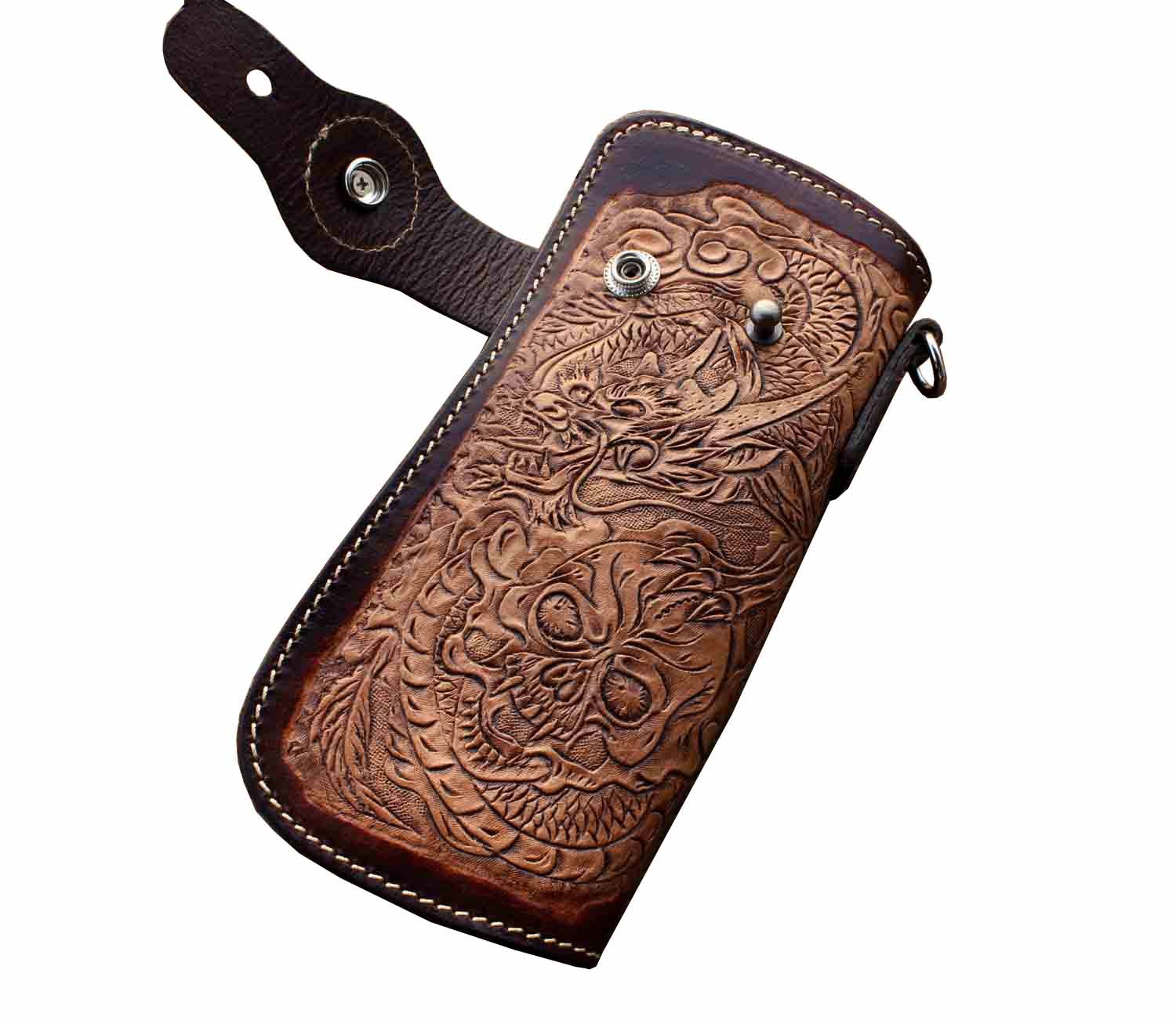 crazy hunter Dragon Skull Motorcylce Biker Cow Leather Card Holder Handmade Wallet With Chain L66