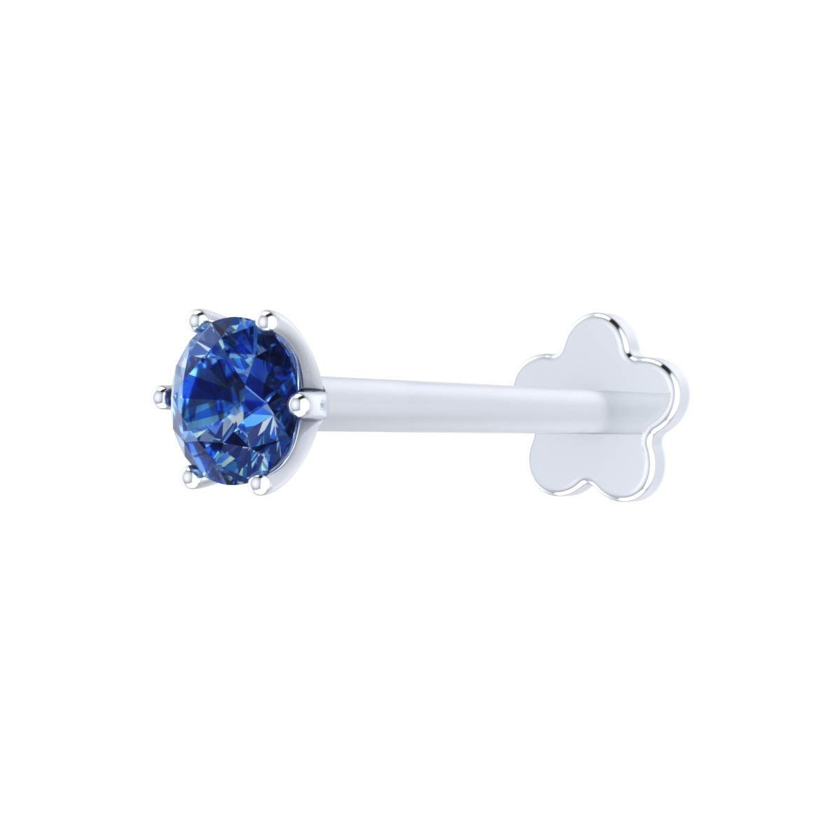 Demira Jewels 2.20mm Solitaire Real Blue Sapphire Solid 14K White Gold Nose Pin, Lip Labret, Monroe Ring Stud Screw - 16 Gauge, 8mm Long Post.