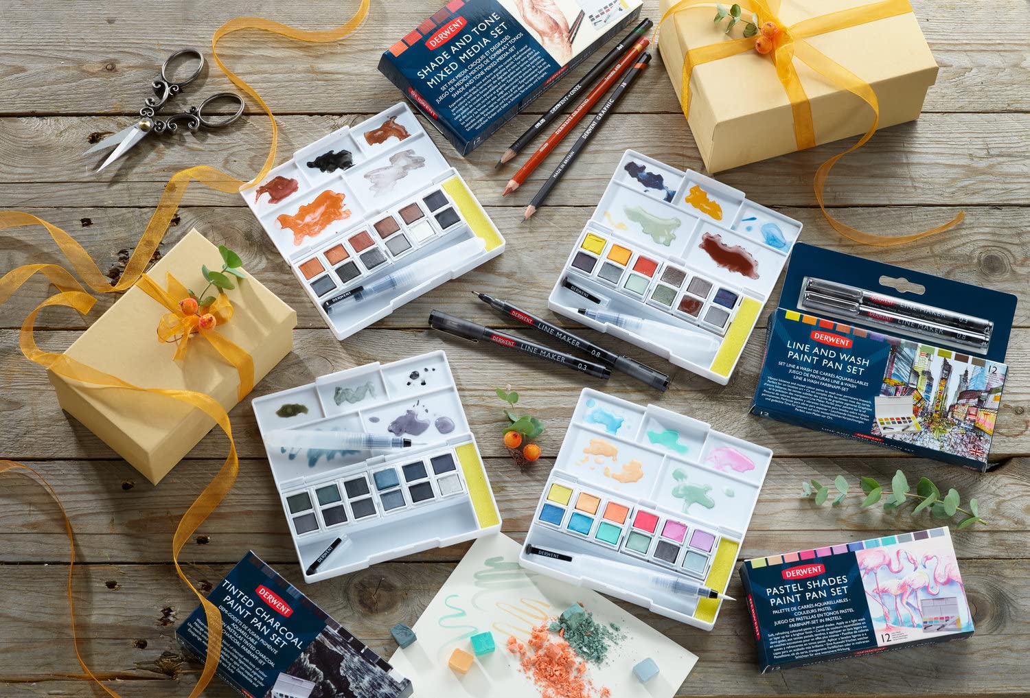 Derwent Tinted Charcoal Paint Pan Set, 12 Paints, Professional Quality, Water Soluble, Blendable, Portable, Includes Palettes, Mini Waterbrush & Cleaning Sponge (2305872) 1 Count (Pack of 1)