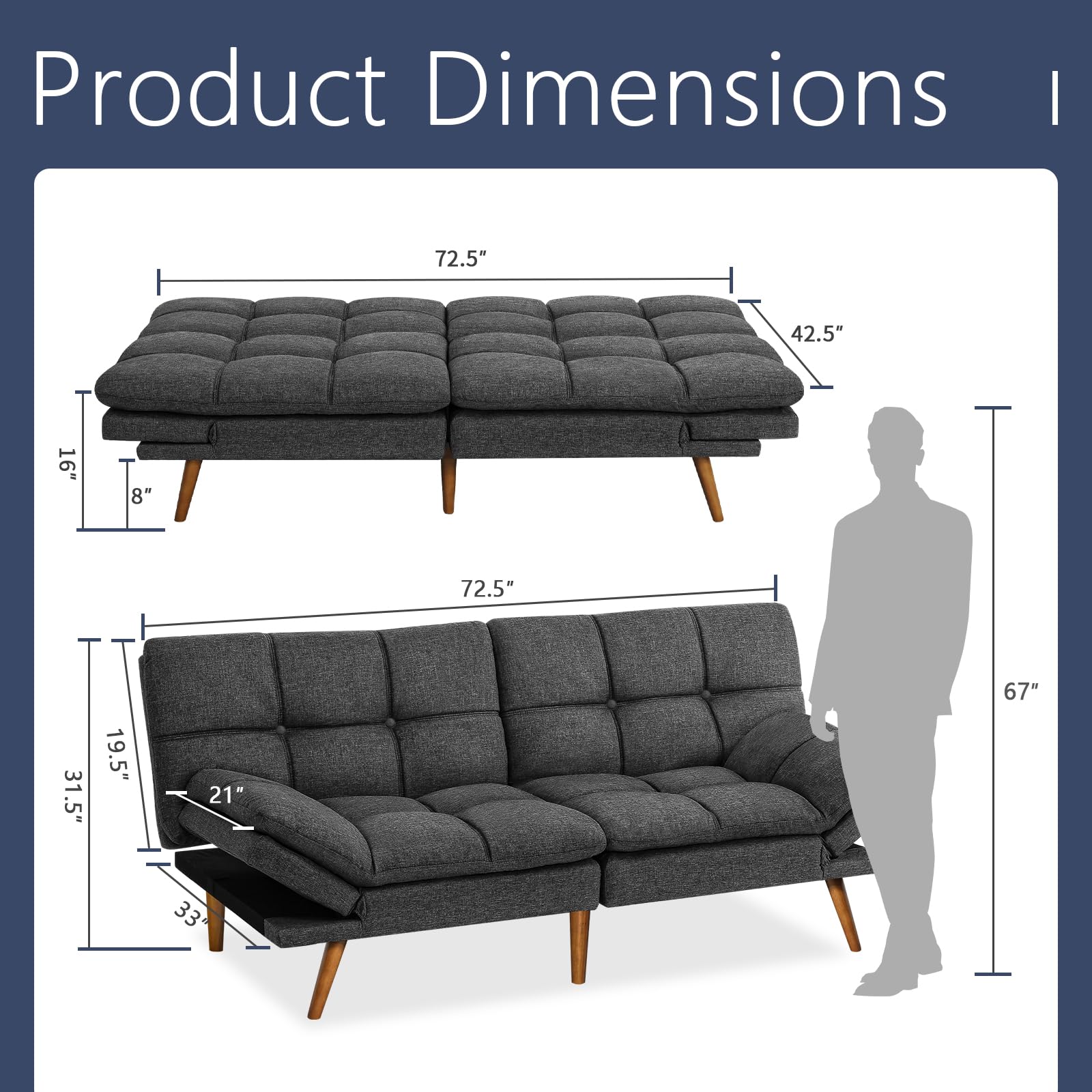 IULULU Futon Sofa Bed, Modern Convertible Sleeper Couch Daybed with Adjustable Armrests for Studio, Apartment, Office, Small Space, Compact Living Room