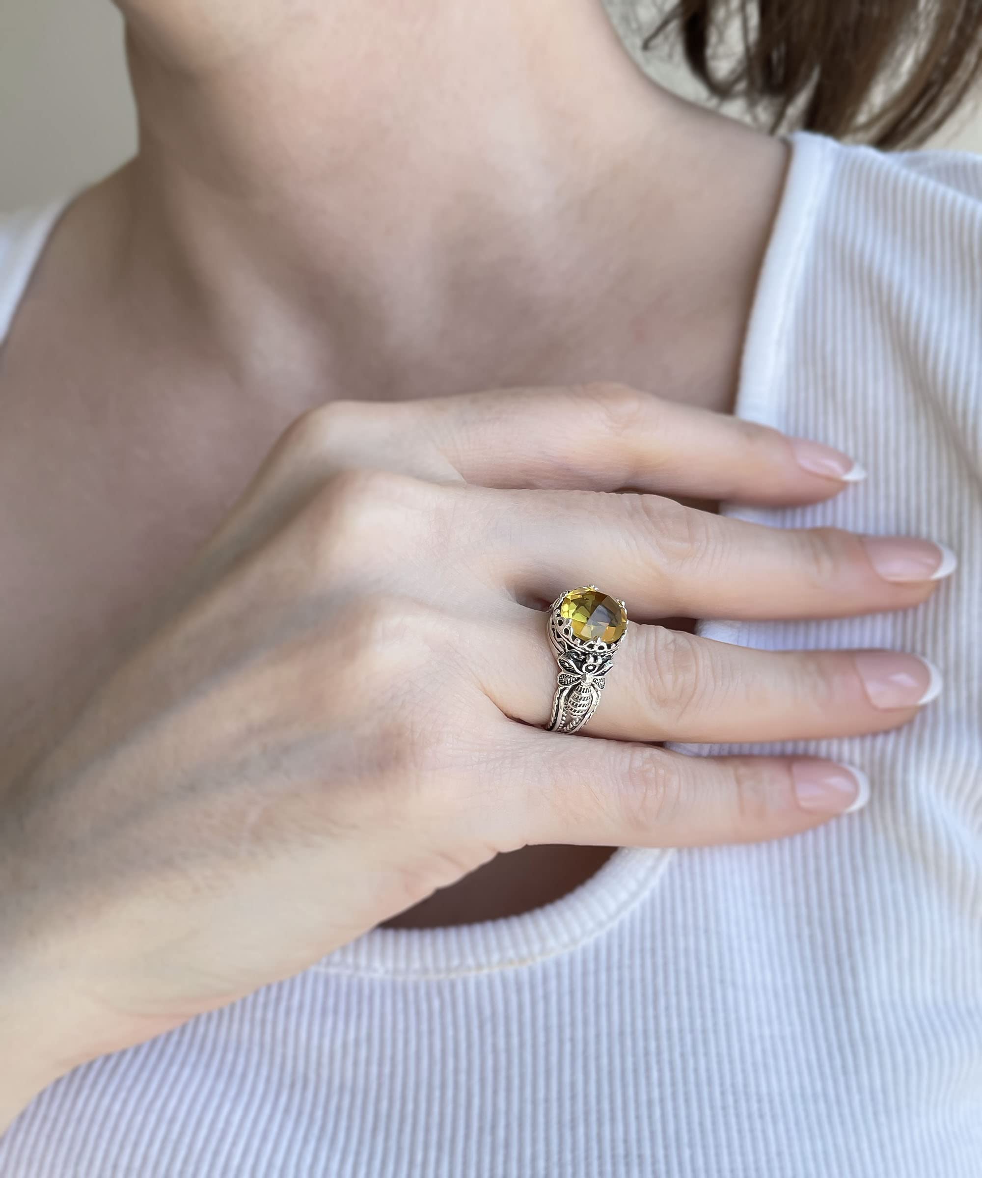 Filigranist 925 Sterling Silver Filigree Art Queen Bee Detailed Gemstone Women Cocktail Ring, Luxurious Gift Boxed (Citrine, 6)
