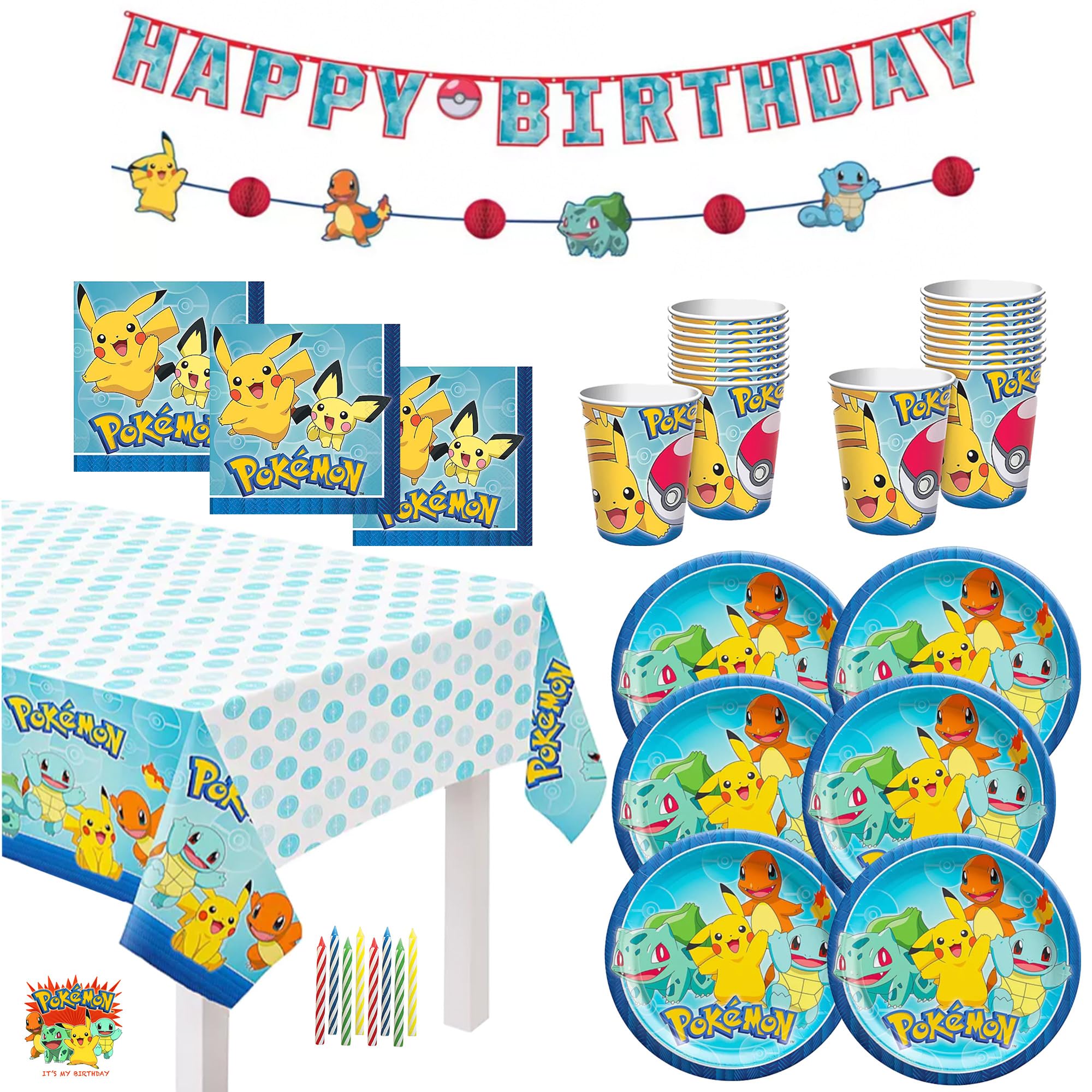 Pokémon Party Supplies and Decoration Pack Serves 16: Jumbo Birthday Banner, Dinner Napkins, Dinner Plates, Cups and Table Cover with Birthday Candles (Bundle for16)