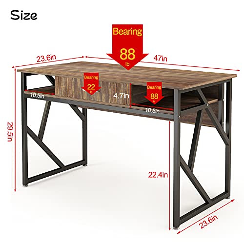 DEWEL Computer Desk with Drawer 47 Inch Home Office Writing Study Desk,Corner Desk with Storage Computer Gaming Desk PC Workstation for Small Space Industrial Style Table Home Office Workstation