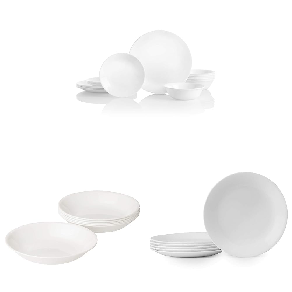 Corelle 18-Piece Dinnerware Set, Winter Frost White, Ceramic and Glass, Includes 6 Dinner Plates, 6 Appetizer Plates, and 6 Bowls, Lightweight and Easy to Handle