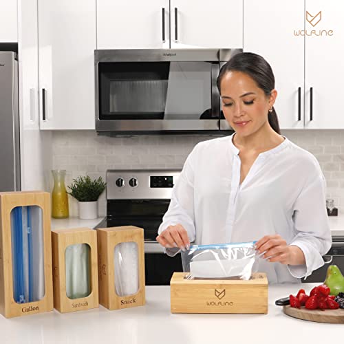Wolfline Ziplock Bag kitchen drawer organizer, Bamboo plastic bag holder, Premium food storage bag organizer for gallon quart sandwich and snack, Bigger box size for quart slider bags, Silicone grip pad, 4pcs bamboo drawer organizer
