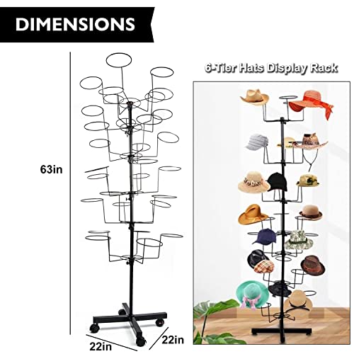 uyoyous 6-Tier Hats Display Rack Rotating Retail Hat Rack Stand 30 Hooks Adjustable Hat Headwear Rack with Wheels Metal Free Standing Hat Hanger Floor Standing Tower for Wig Cap Baseball Hats
