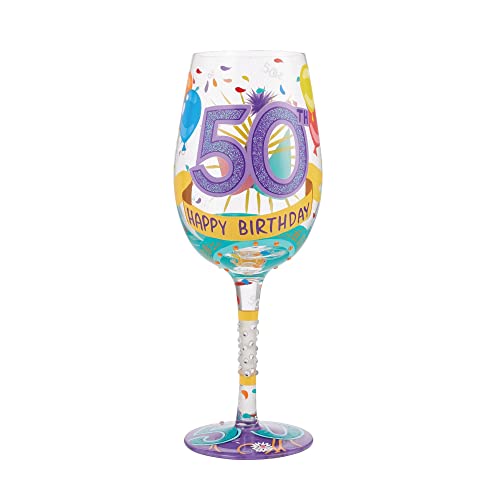 Enesco Designs by Lolita Happy 50th Birthday Hand-Painted Artisan Wine Glass, 1 Count (Pack of 1), Multicolor