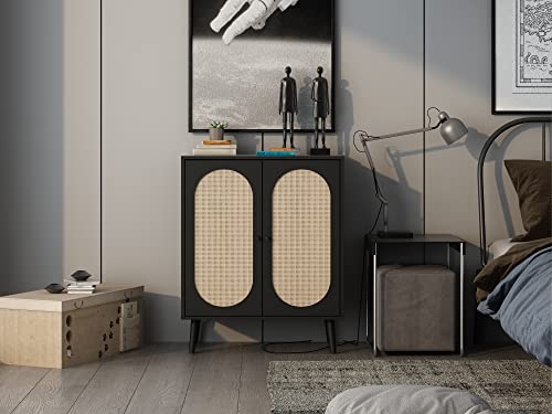 ORRD Sideboard Buffet Cabinet, High Kitchen Storage Cabinet with Rattan Doors and Adjustable Shelves, Accent Home Furniture for Living Room, Bedroom (Black)
