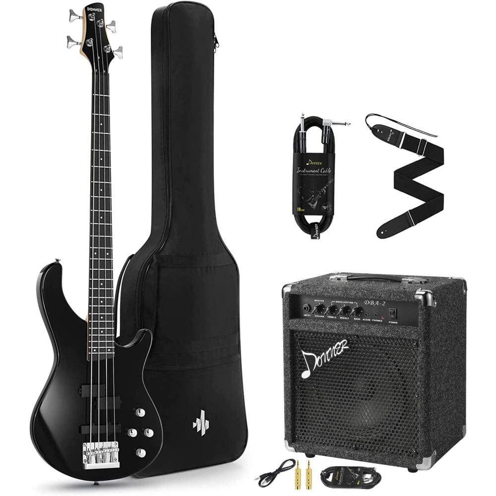 Donner Full-Size Electric Bass Guitar PJ-Style with Bass Amp 25W Bass Guitar Amplifier DBA-2