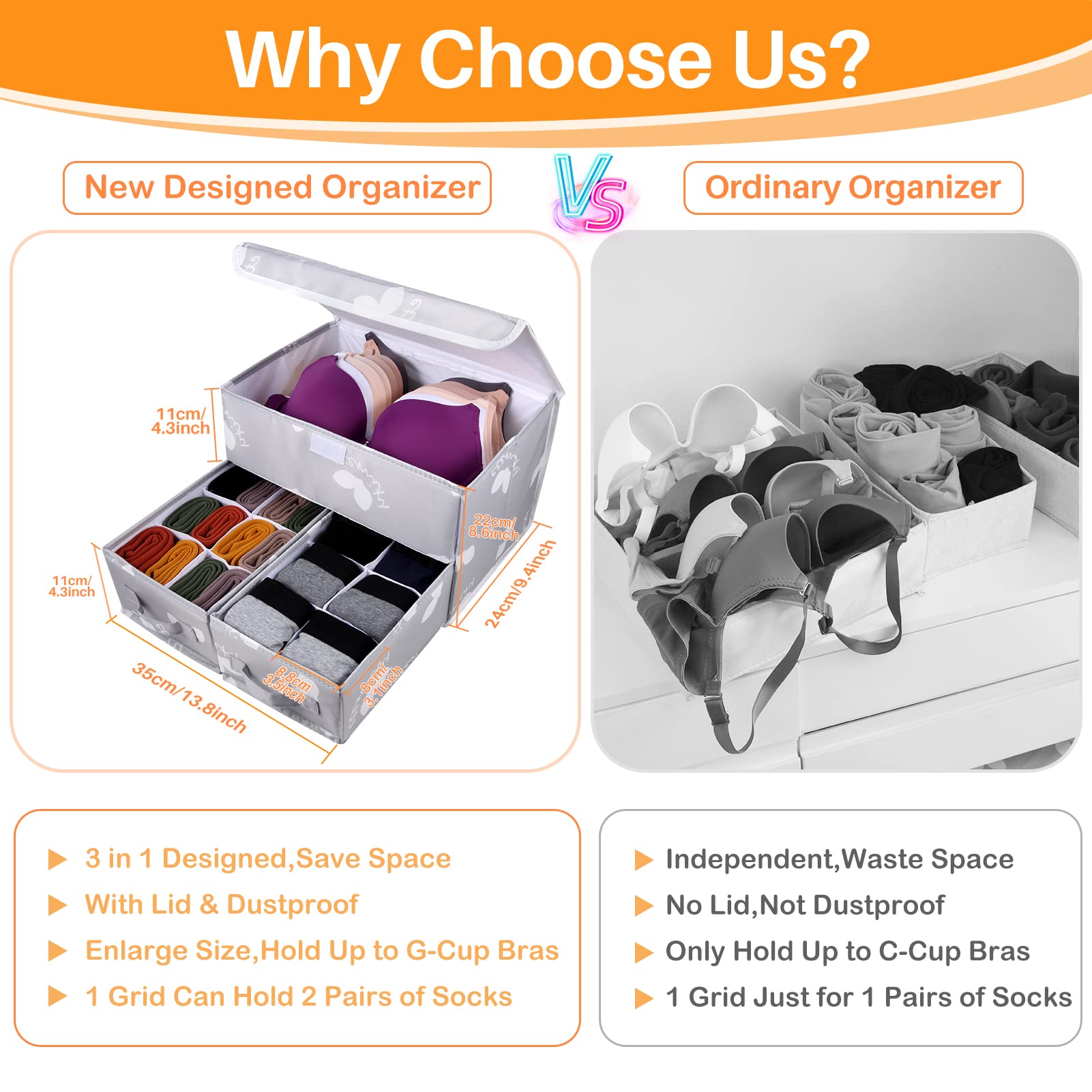EASEVE Sock Underwear Drawer Divider - Closet Organizers and Dresser Organizer Wardrobe Clothes Box Storage Bins with Lid for Bra, Leggings, Shirt, Panty (1 Pack, Grey)