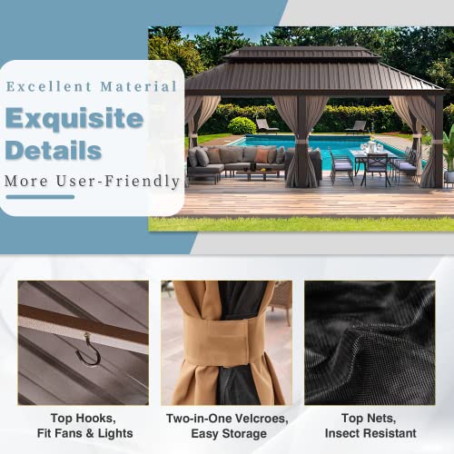 MELLCOM 12' x 20' Hardtop Gazebo,Galvanized Steel Metal Double Roof Aluminum Gazebo with Curtain and Netting,Brown Permanent Pavilion Frame for Patio, Lawn & Garden