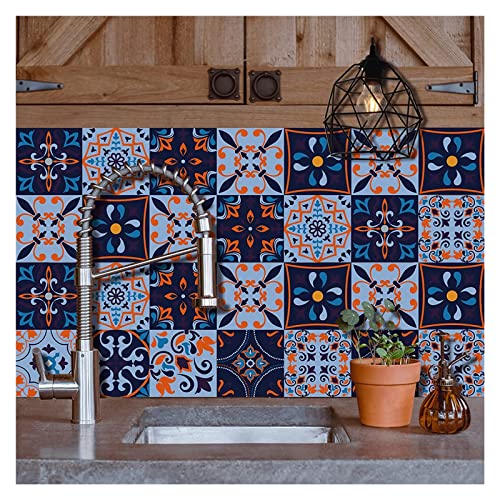 Tile Stickers Pattern Orange Blue Stick on Tiles Bathroom PVC Self Adhesive Wall Tiles Kitchen Stick on Wall Tiles Waterproof Peel and Stick Floor Tiles Self Adhesive Tiles for Walls
