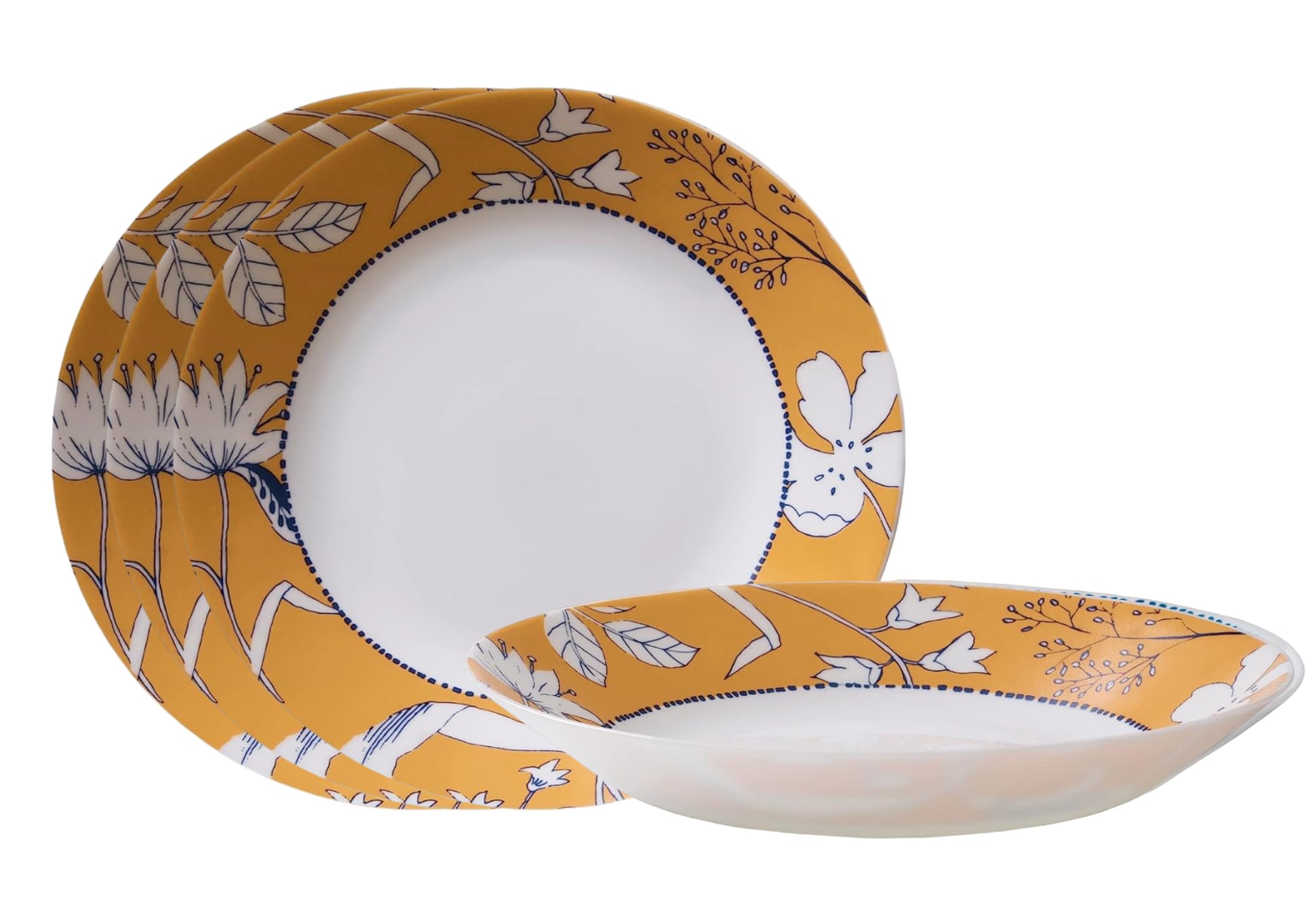 Corelle MilkGlass 4-Piece (23 Oz) 8.5" Pasta Bowl Plate Set, Higher Rimmed Glass Dinnerware For Pasta Salad Meal, Azure Medallion, 1 Count (Pack of 4)