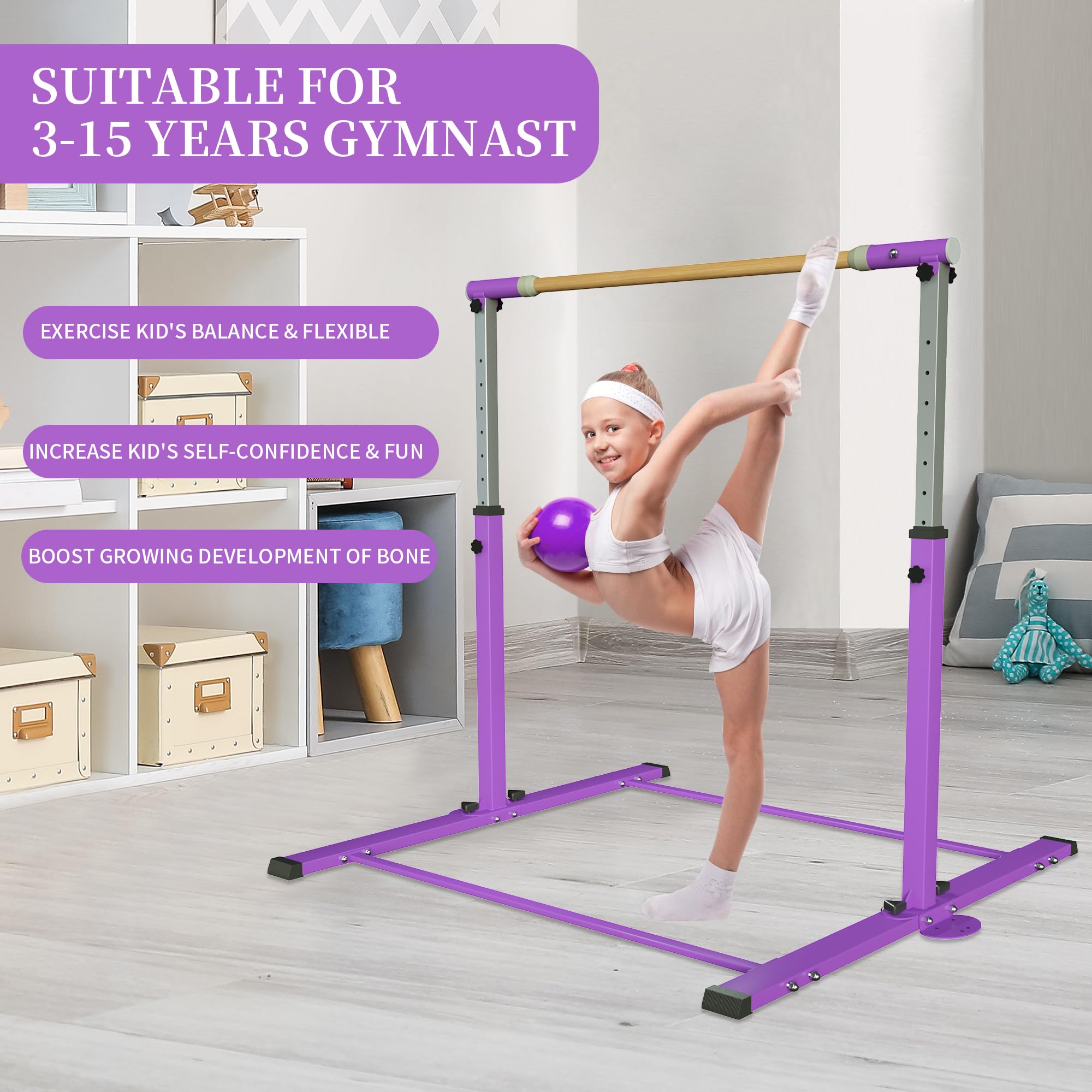 EL&IT·Wings Kip Bar,Horizontal Bar,Adjustable Height 3'-5' Gymnastics Bar,Fiberglass Rail & 304 Stainless Steel Regulating Arms,Kids and Gymnast Exercise Home&Gym Club Use (53*9.7*7inch, Purple, 1)