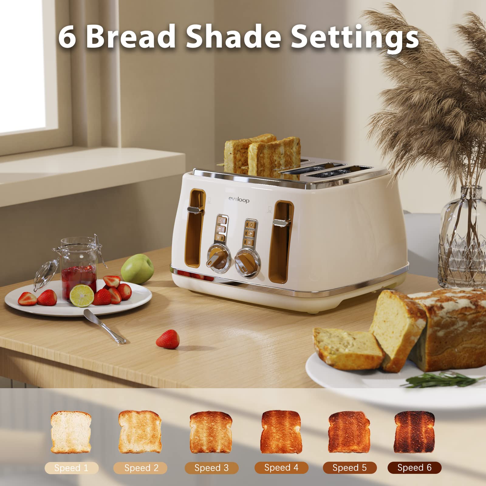 evoloop Toaster 4 Slice, Oversize Retro Stainless Steel Bread Toaster with Dual Independent Control Panels, 6 Browning Level, Bagel, Defrost & Cancel, -1.5" Extra Wide Slots, Removable Crumb Tray
