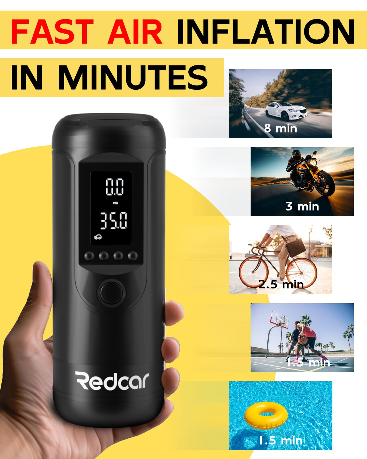 Redcar Cordless Air Inflator, Portable Tire Pump with Digital Gauge, 150 PSI, Rechargeable Battery, LED Light, for Car Tires, Bicycle, Motorcycle, Balls & Inflatables