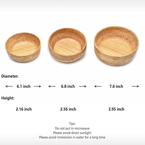 GinSent Bamboo Salad Bowls Set, 3 Pack Stackable Salad Serving Bowls, Eco Friendly Natural Wooden Bowls For Food, Salad, Fruit, Rice, Pasta, Soup, Cereal, Snack and Nuts