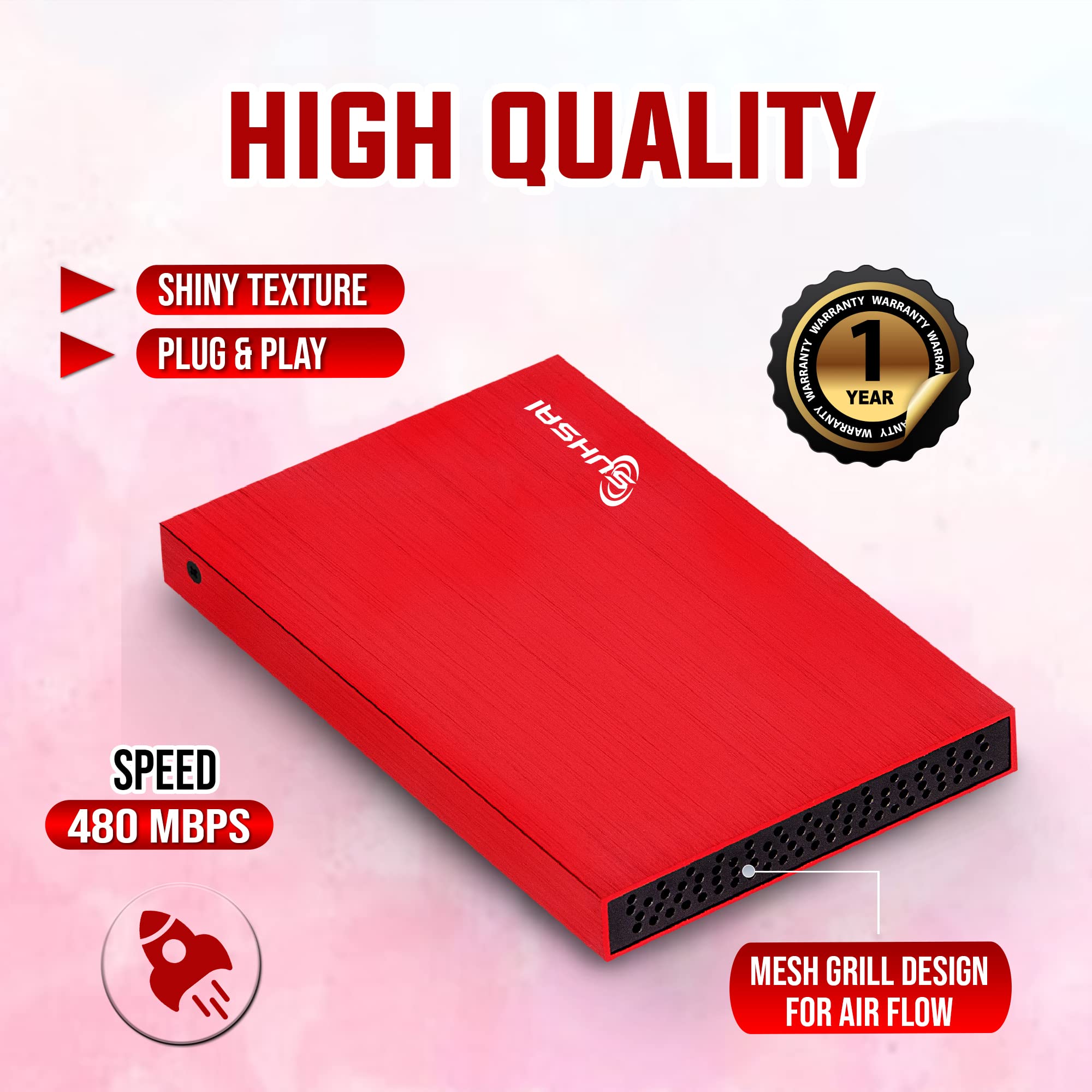 SUHSAI Aluminum Case External Hard Drive 1TB USB 2.0 Slim & Compact Data/Photos Backup & Storage Memory Expansion Portable Hardisk Hardrive 2.5" HDD for Mac Pc Laptop Computer Desktop (Red)
