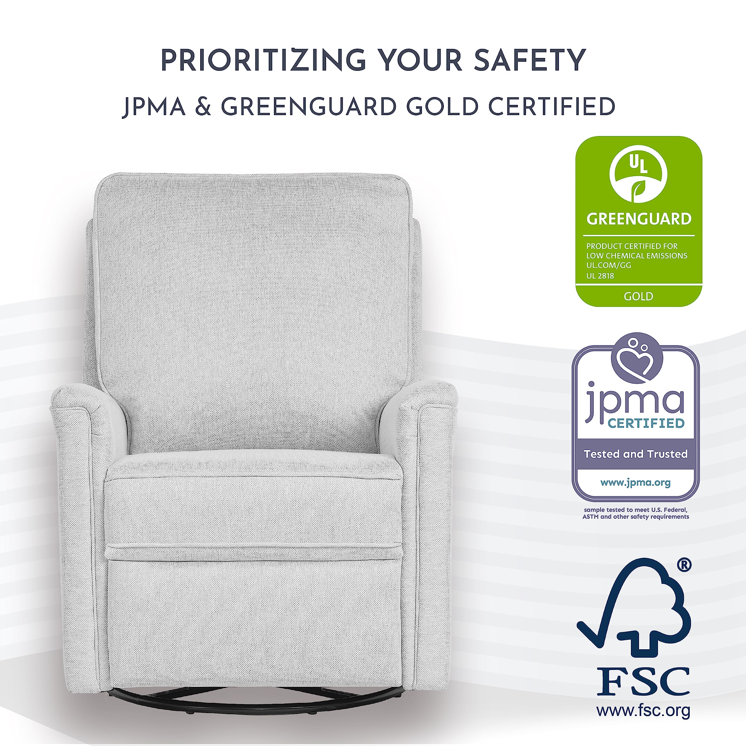 Evolur Beau Upholstered Seating Swivel, Manual, Greenguard Gold Certified, Chair, Modern Nursery Recliner, Tool-Free Assembly Glider, Morning Grey