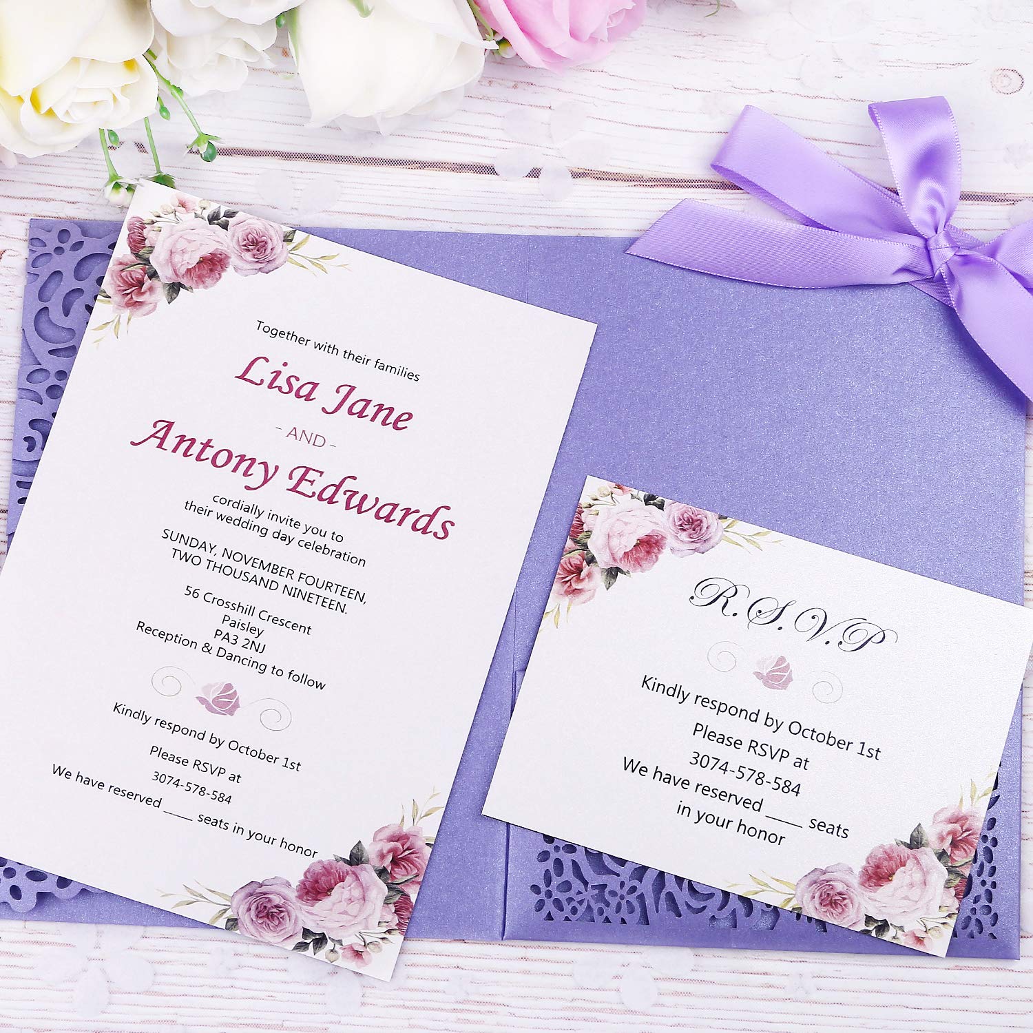 ponatia 20 PCS 3 Folds 5x7'' Wedding Invitations Cards with Envelopes Ribbons for Wedding Bridal Shower Engagement Birthday Graduation Invite (Lavender)