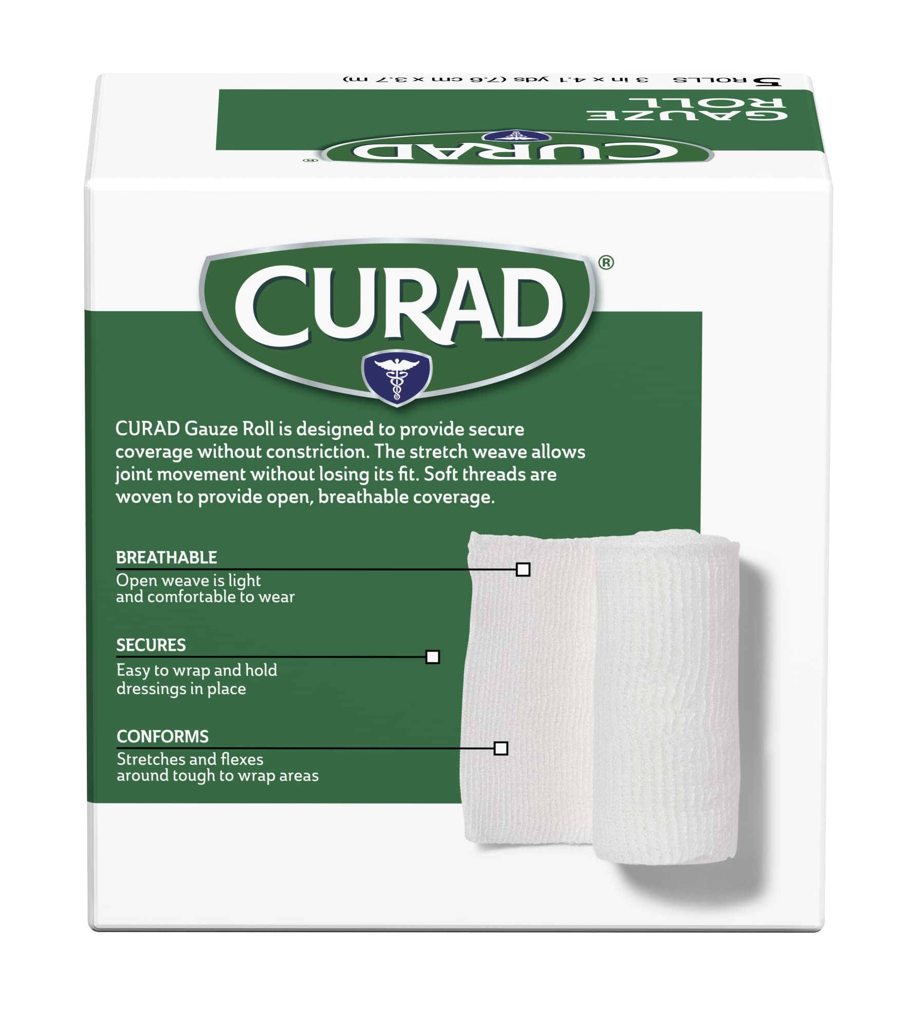 Curad Cotton Stretch Rolled Gauze, 3" x 4.1 yd, 5 Count (Pack of 3)