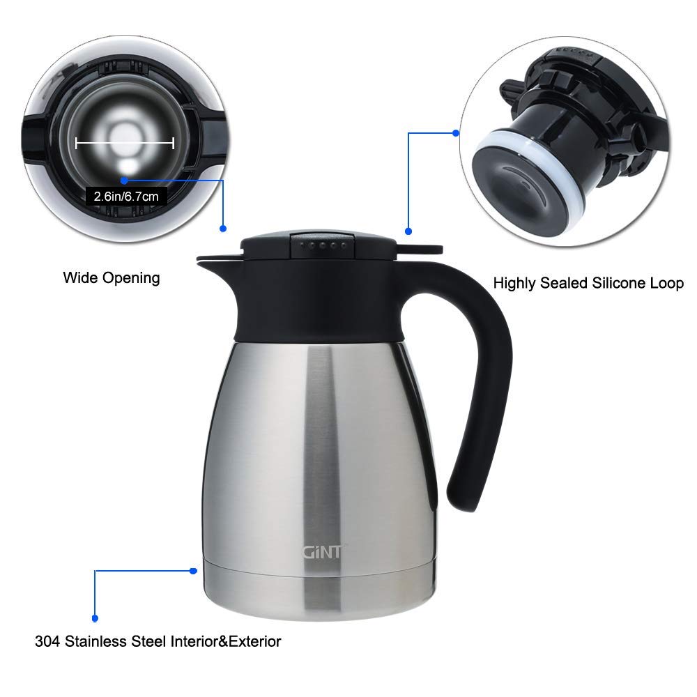 GiNT 34Oz Thermal Coffee Carafe, Insulated Stainless Steel Coffee Carafes for Keeping Hot/Double Walled Vacuum Coffee Carafe (Silver, 1L)
