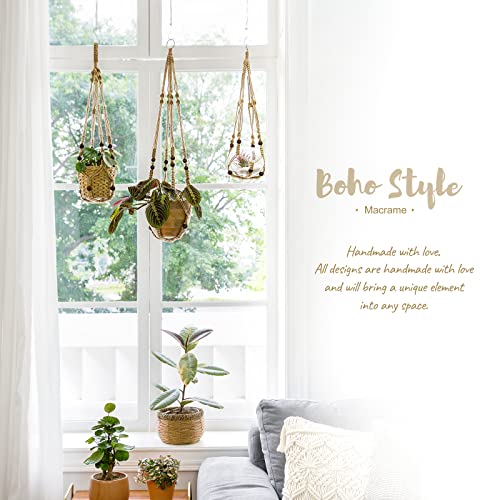 Mkono 3 Pack Macrame Plant Hangers Indoor Different Size Hanging Planter Basket Flower Pot Holder with Beads No Tassels 35"/29"/23", Medium, Brown