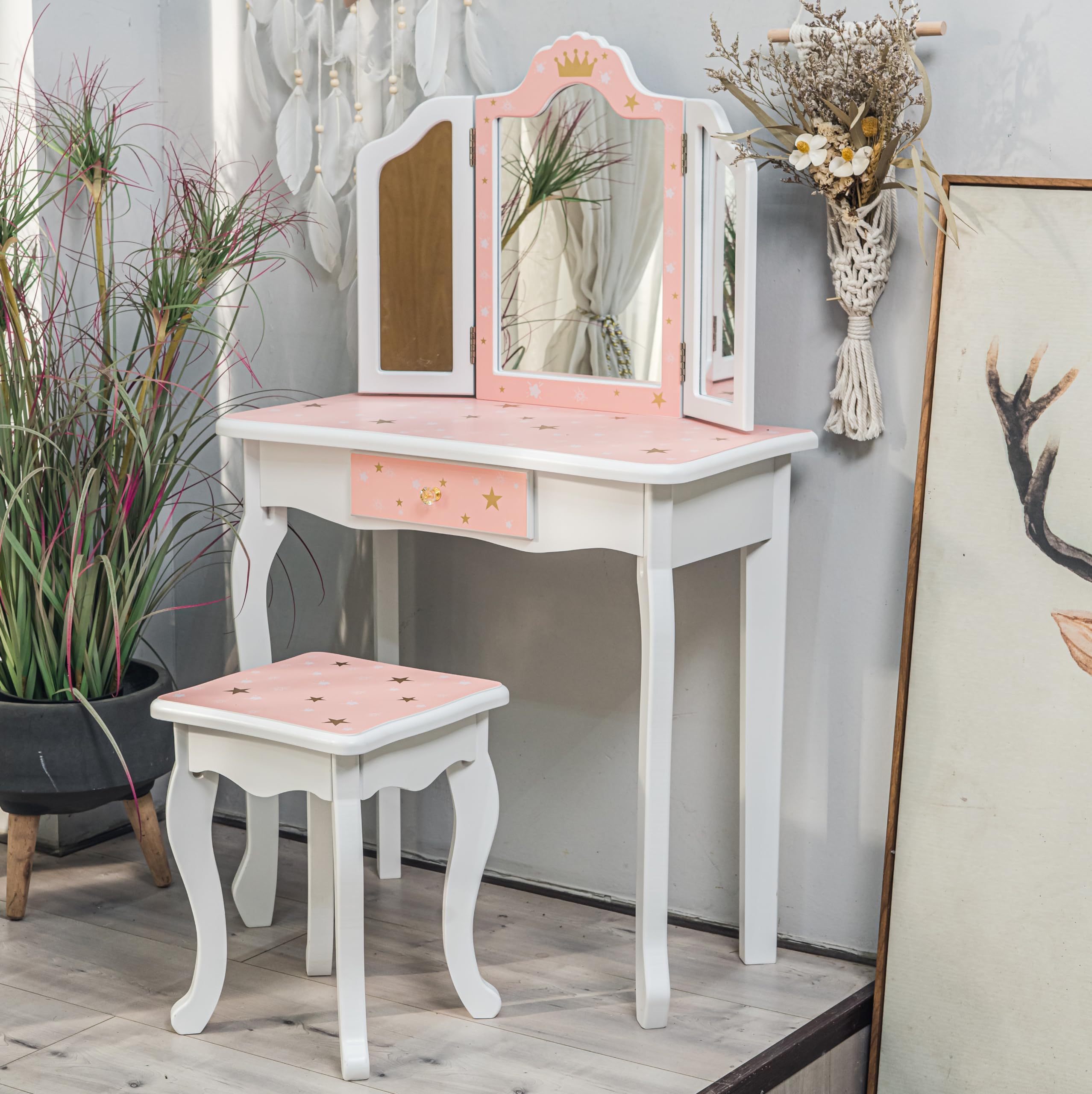 Hobbyfield 2-in-1 Princess Vanity Set,Princess Makeup Table with Mirror, Stool, Tri-Folding Mirror & Drawer,Pretend Play Dressing Table for Toddler Girls(Star Pink)
