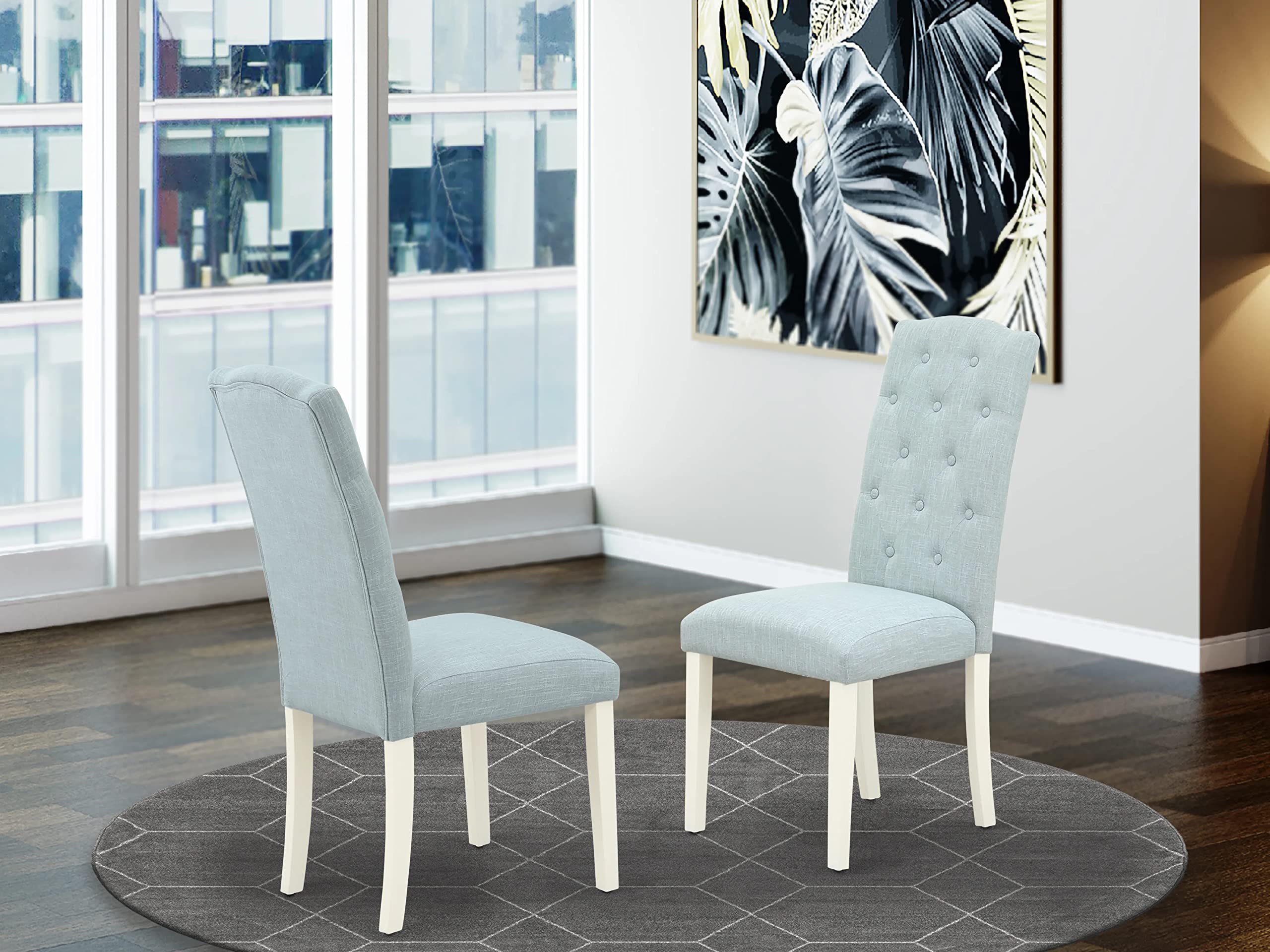 East West Furniture CEP2T15 Celina Parson Chairs - Button Tufted Baby Blue Linen Fabric Upholstered Dining Chairs, Set of 2, Linen White