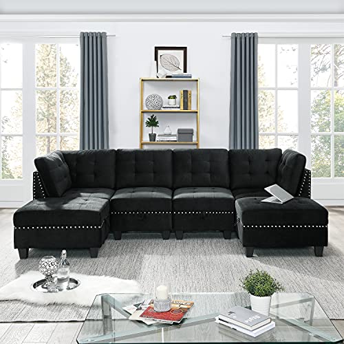 Melpomene U Shape Sectional Sofa DIY Sofa Combination,Includes Two Single Chair ,Two Corner and Two Ottoman(Black, Velvet+Two Single Chair)