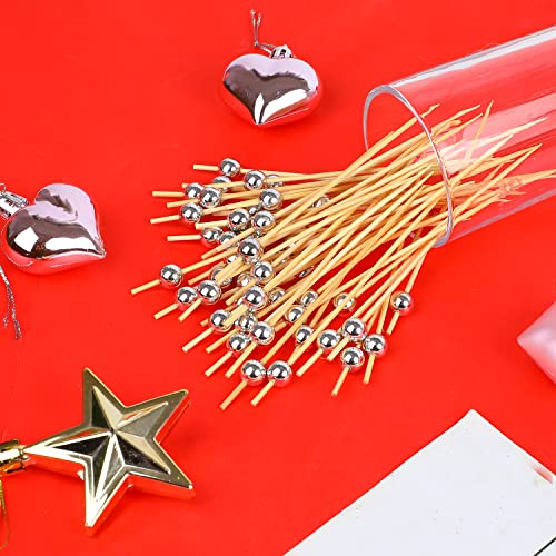 KIMOBER 100PCS Cocktail Picks,Silver Pearl Handmade Bamboo Cocktail Toothpicks for Appetizers Fruit Party,Cocktail Sticks Party Supplies