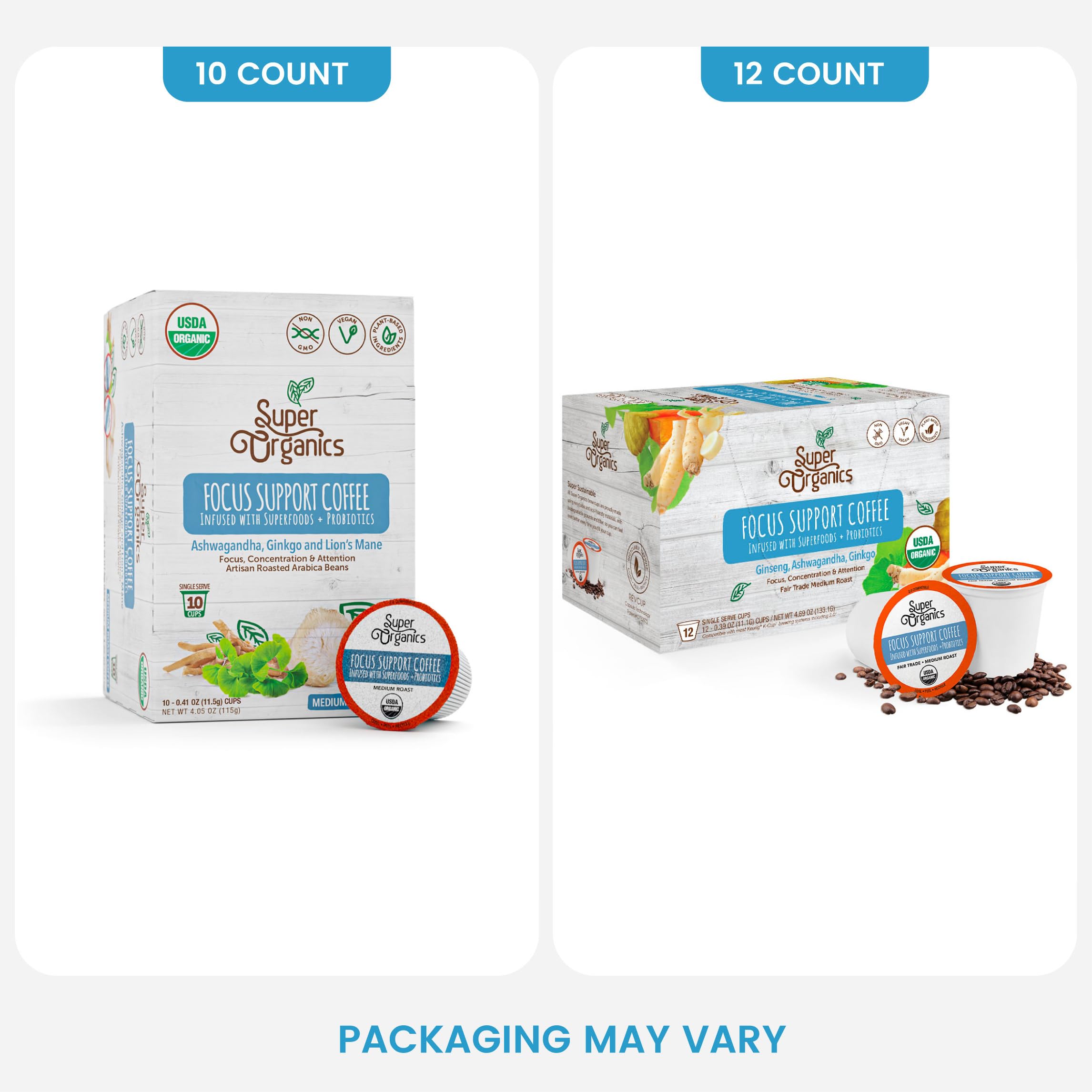 Super Organics Focus Support Coffee Brew Cups With Superfoods & Probiotics, Keurig K-Cup Compatible, Adaptogens, Medium Roast, USDA Certified, Vegan, Non-GMO, 10 count