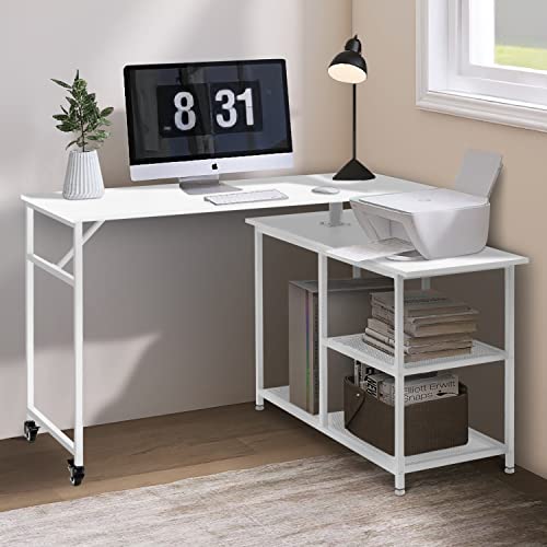 LTMEUTY 360°Free Rotating Desk - Modern Home 0ffice Desk, Reversible Computer Desk Study Writing Table Workstation, L-Shaped Corner Desk with Storage Shelves, Sofa Side Table, White