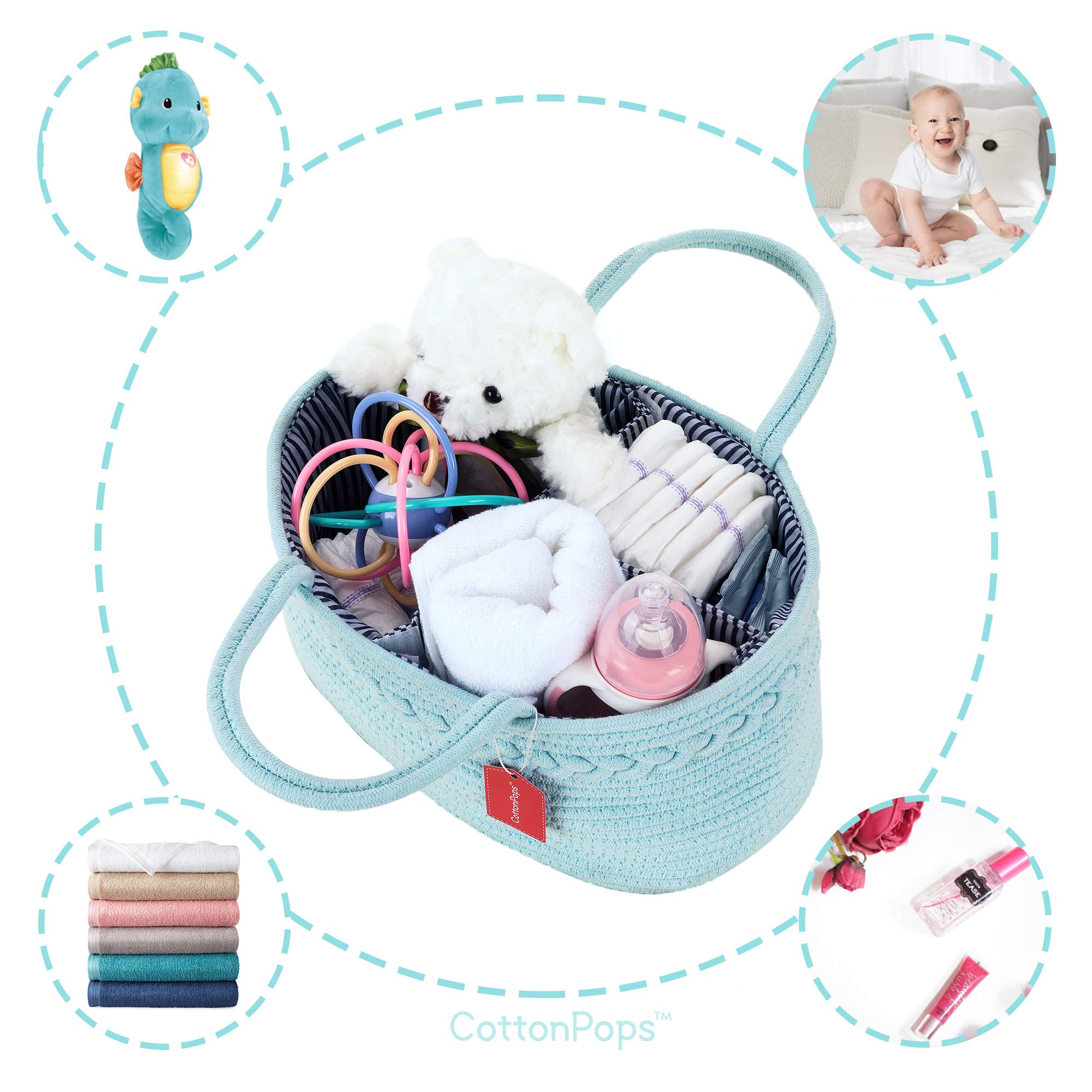 CottonPops 14.2" x 9" x 7" Baby Diaper Caddy Organizer Basket Nursery Storage Car Organizer Baby Shower Basket (Grey)