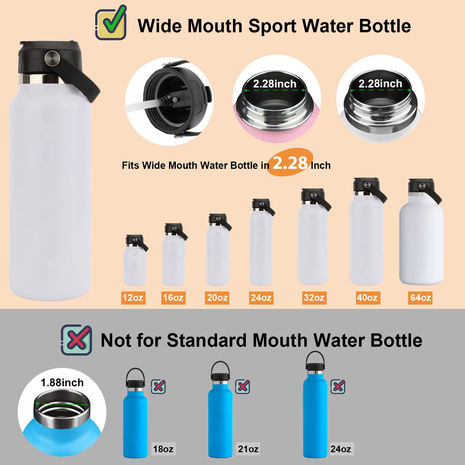 Desing Wish Wide Mouth Straw Lid Compatible with Hydro Flask Wide Mouth 12 16 18 20 32 40 64 oz, Portable Handle Water Bottle Lid with Replacement Straws and Straw Brush