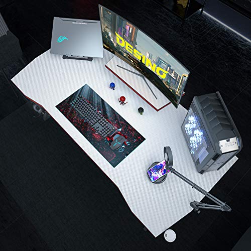 DESINO Gaming Desk 47 inch PC Computer Desk, Home Office Desk Gaming Table Z Shaped Gamer Workstation with Cup Holder and Headphone Hook, White