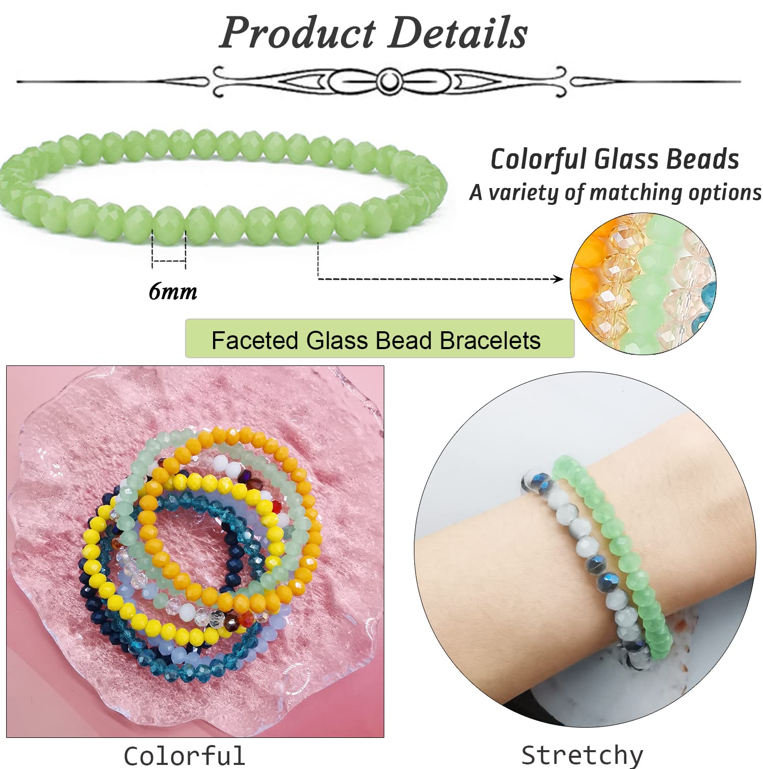 FIRAZIO 18Pcs Bohemian Multi-Layer Crystal Stacking Beaded Bracelet for Women Versatile Faceted Glass Bracelets Stretch Strand Statement Wrap Stackable Shiny Bead Bracelets Set