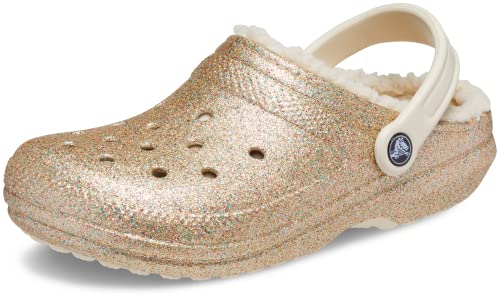 Crocs Unisex Classic Glitter Lined Clogs | Fuzzy Slippers, Multi/Gold, 6 Men/8 Women