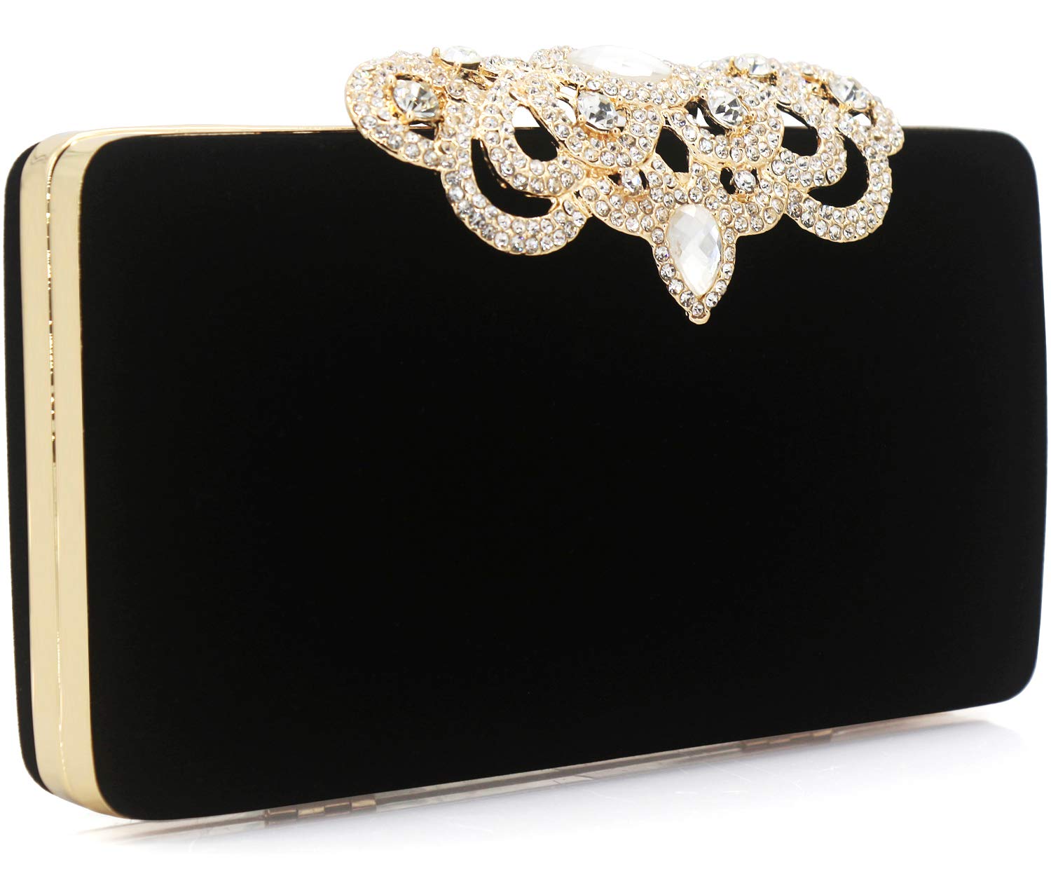 Dexmay Velvet Clutch with Rhinestone Crystal Crown Clasp Evening Bag for Formal Party Black Medium
