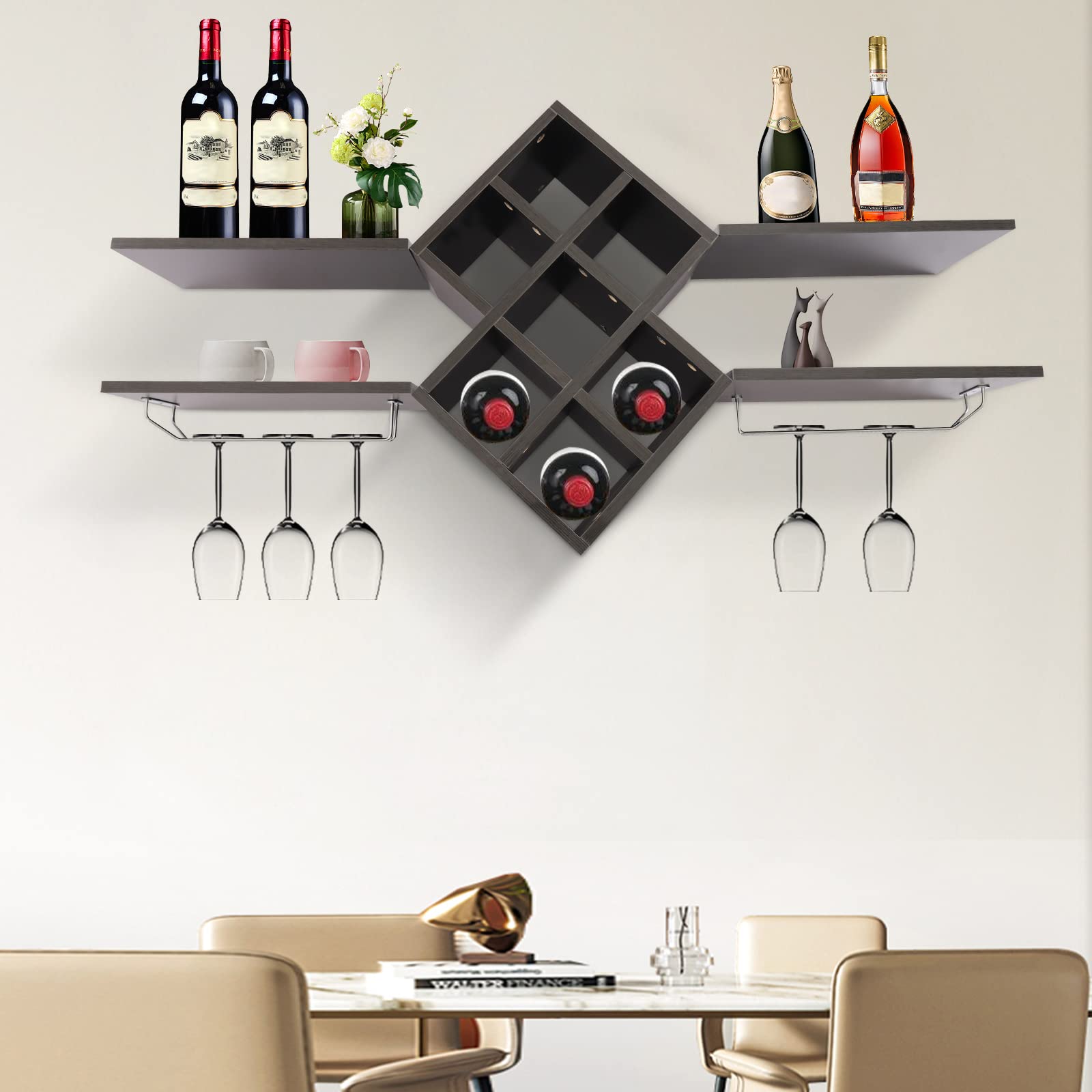 Gdrasuya10 Wine Rack Display Sets Wall Mounted, Set of 5 Wine Rack Shelves Liquor Storage Rack Wine Bottle Holder Shelf Set with Goblet Rack Multifunctional Rack (Black)